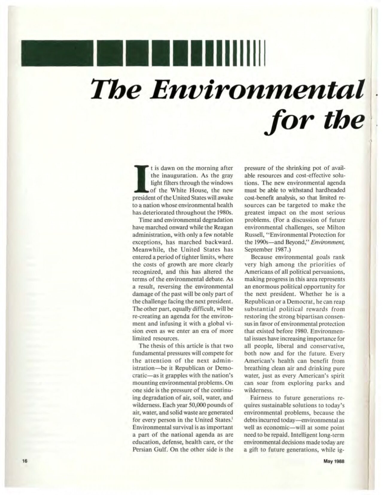 The Environmental Agenda- Environment Magazine (1988) - TABarron.com