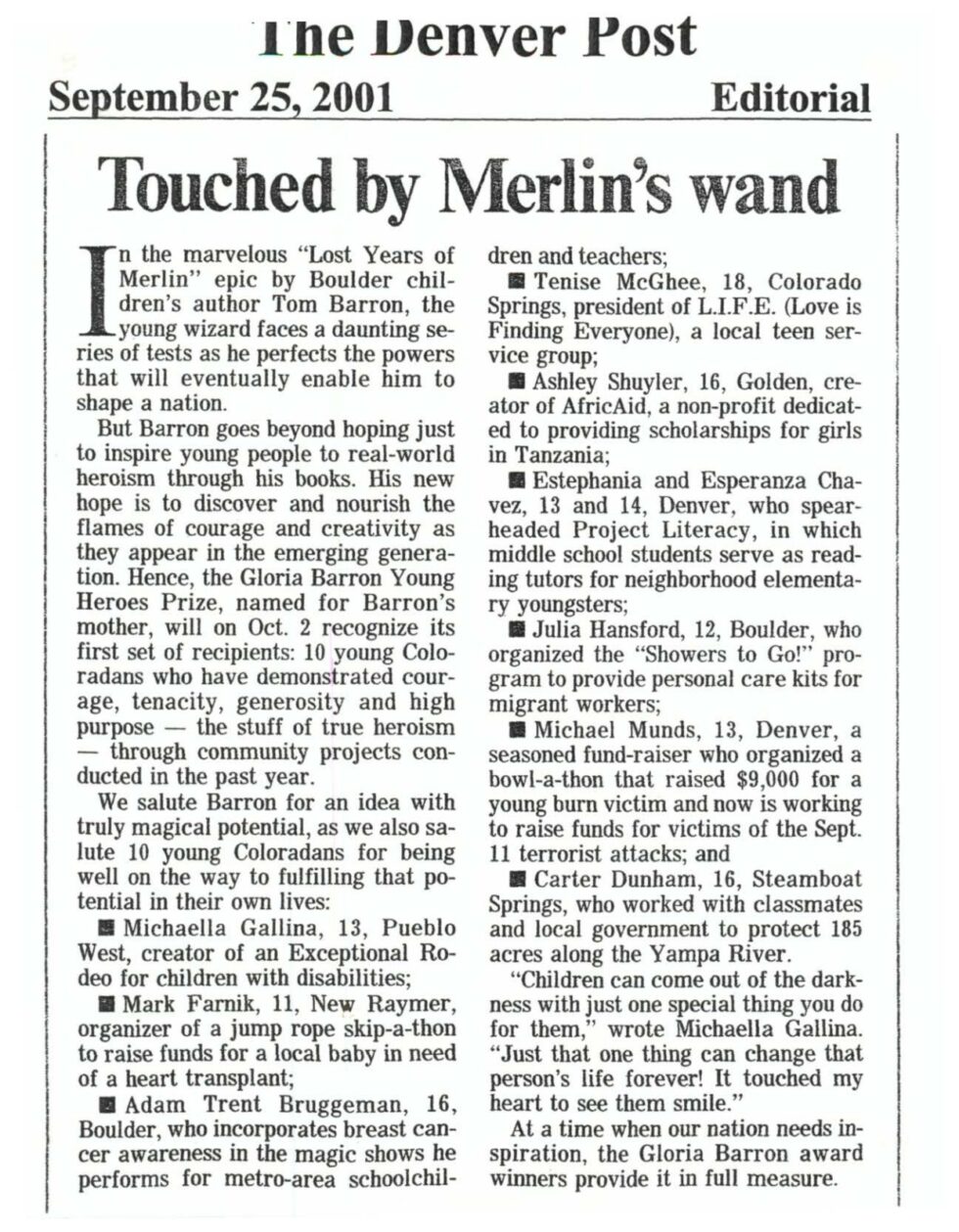 Touched by Merlin's Wand- The Denver Post (2001) - TABarron.com